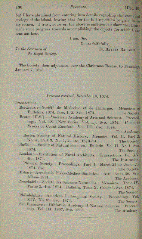 Presents list, December 10, 1874 | Proceedings of the Royal Society | The Royal Society