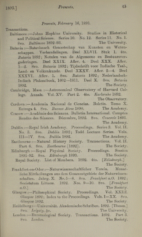 Presents list, February 16, 1893. | Proceedings of the Royal Society ...