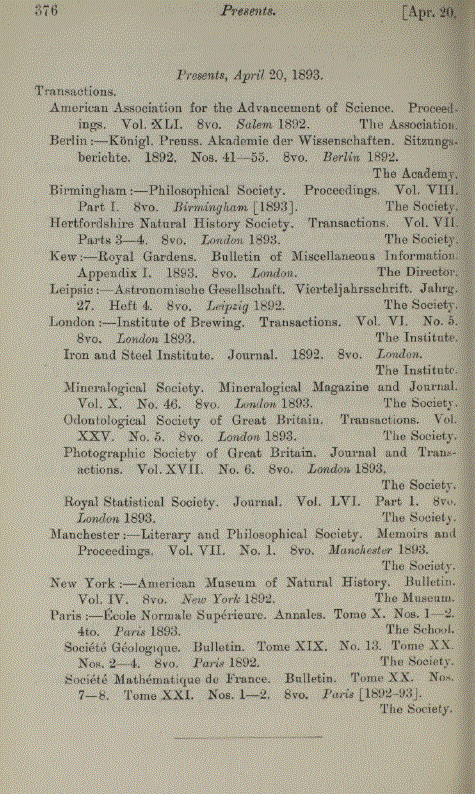 Presents list, April 20, 1893 | Proceedings of the Royal Society | The ...